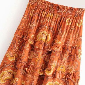Skirts | Burnt Orange Floral Boho Midi Skirt Fall Skirt Gypsy Skirt ...